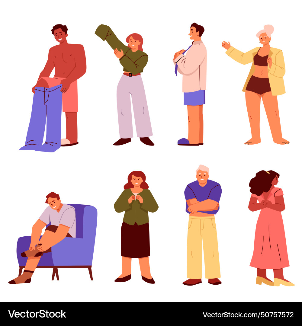 People dressing up and trying on clothes set Vector Image