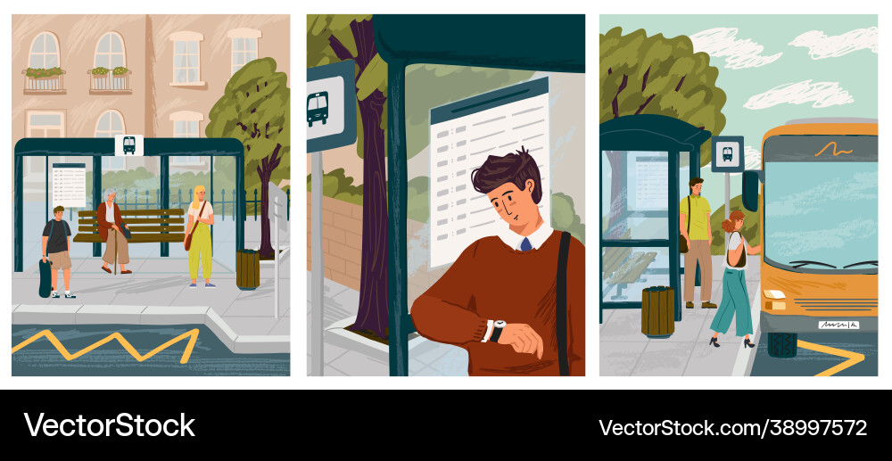 People waiting in queue on bus stop Royalty Free Vector