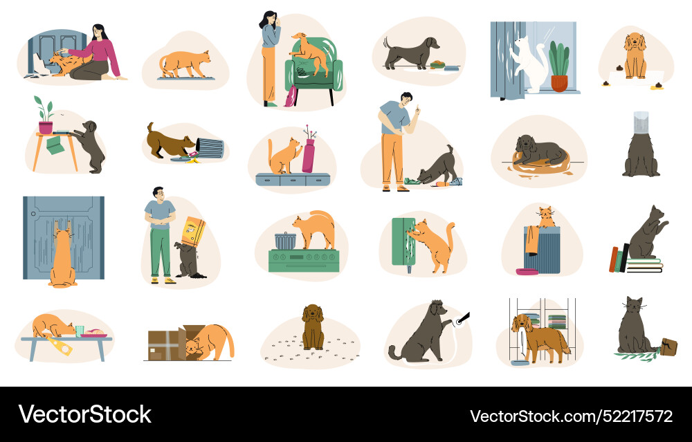 Pets bad behavior naughty dog and cat Royalty Free Vector