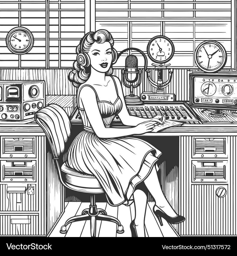 Radio operator woman at console engraving Vector Image
