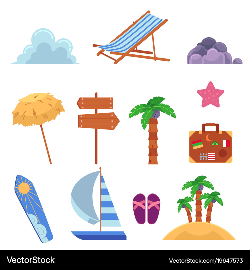 Flat summer beach elements symbols set Royalty Free Vector