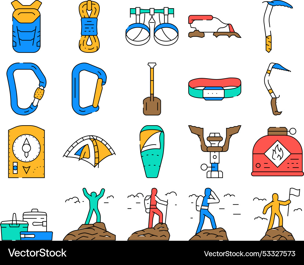 Mountaineering tool sport icons set Royalty Free Vector