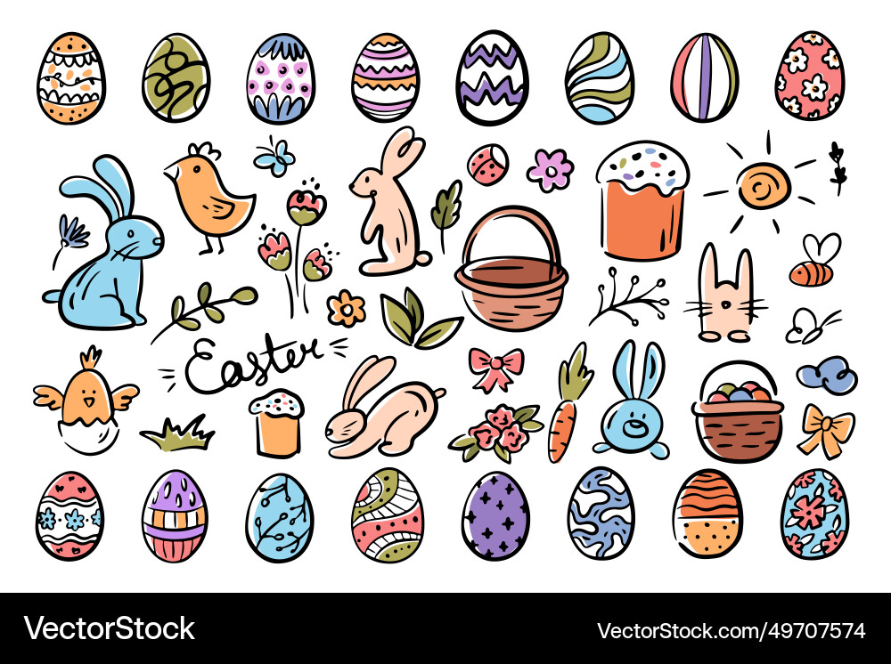 Easter bunny and chocolate eggs doodle elements Vector Image