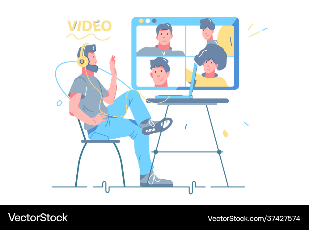 Man talking with friends via video call Royalty Free Vector