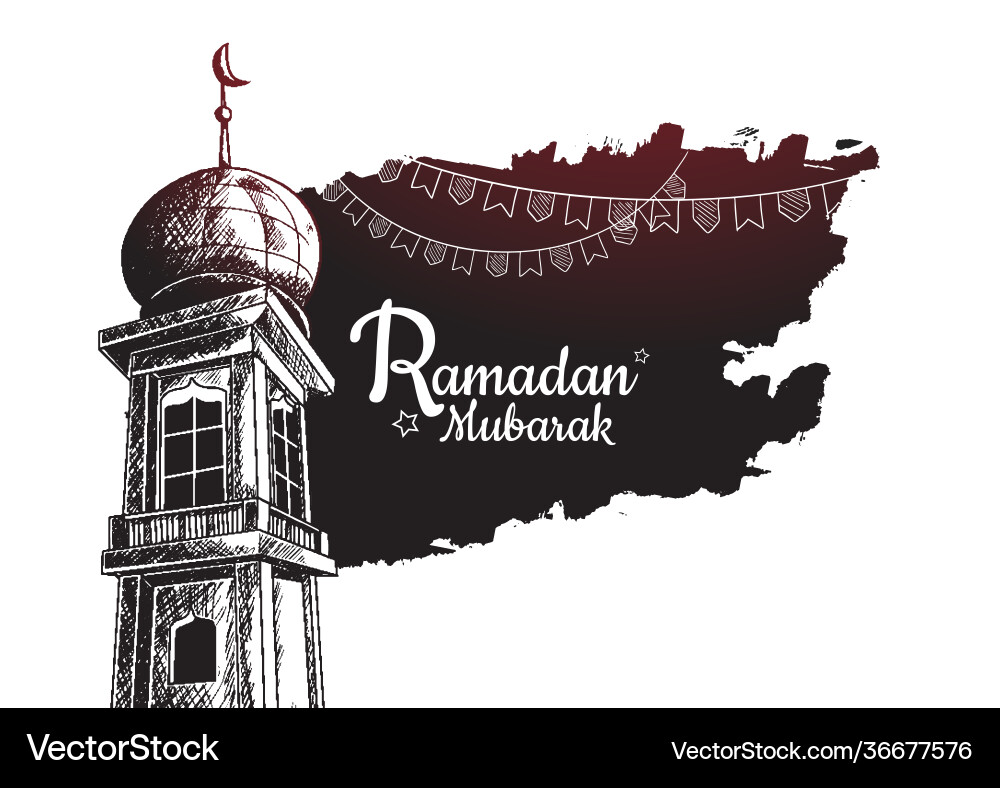 Ramadan mubarak mosque tower and ribbon isolated Vector Image