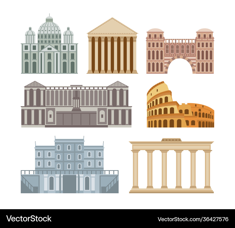 Rome historical buildings set flat cartoon Vector Image