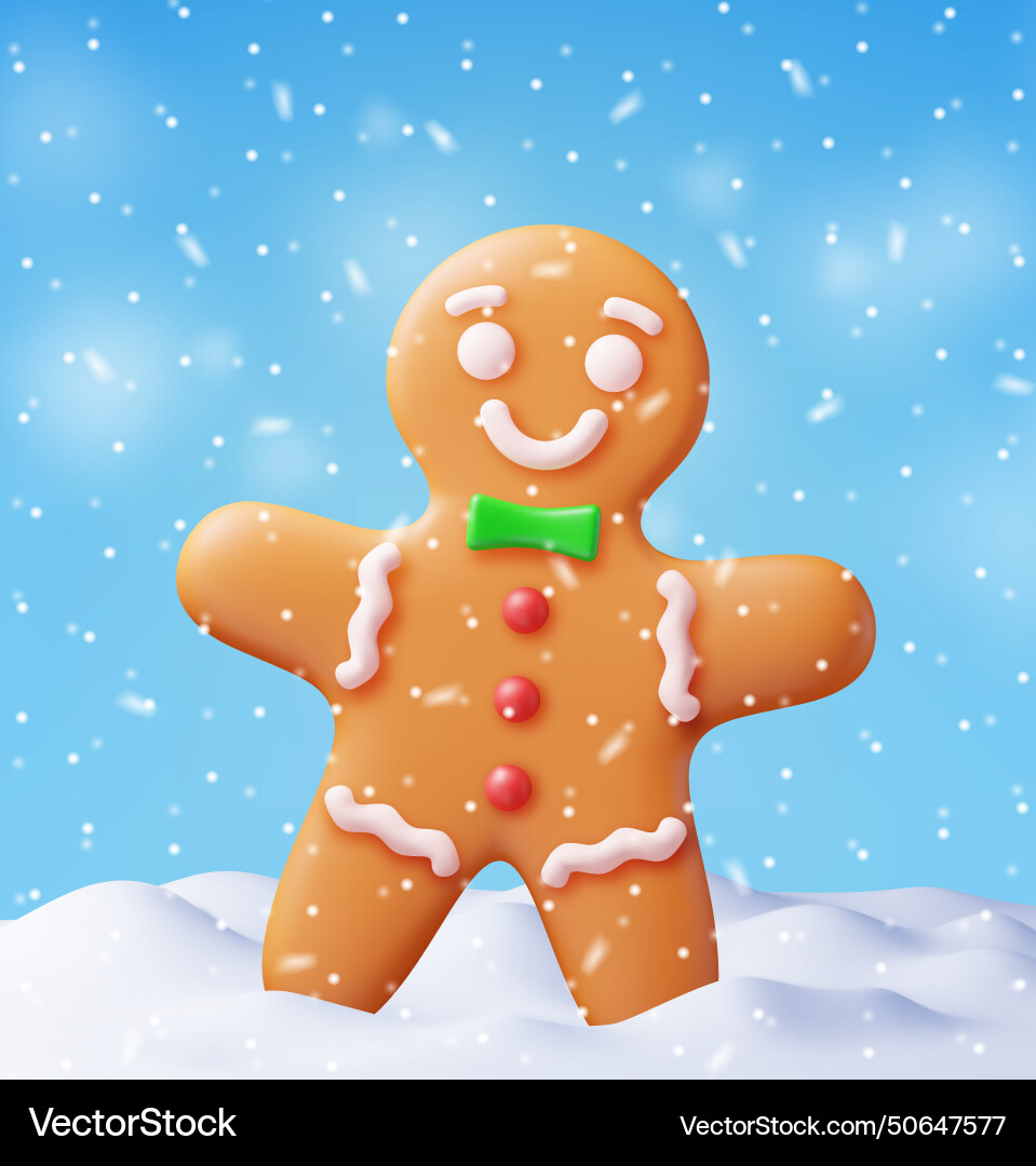 3d holiday gingerbread man cookie in snow Vector Image