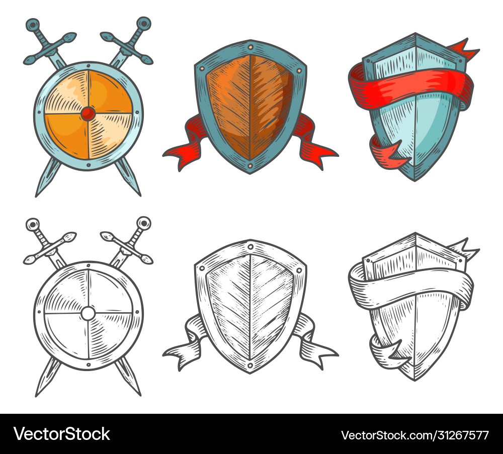 Set historical shields with ribbons and swords Vector Image
