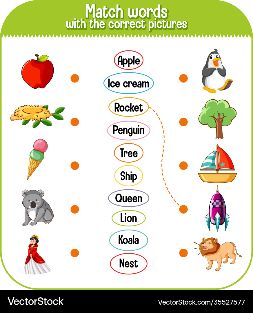 Word to picture matching worksheet for children Vector Image