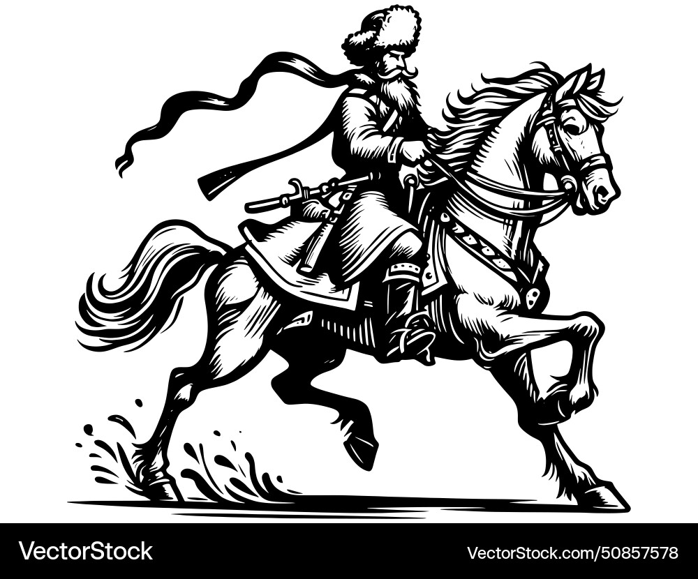 Military cossack on a horse terrifying man Vector Image