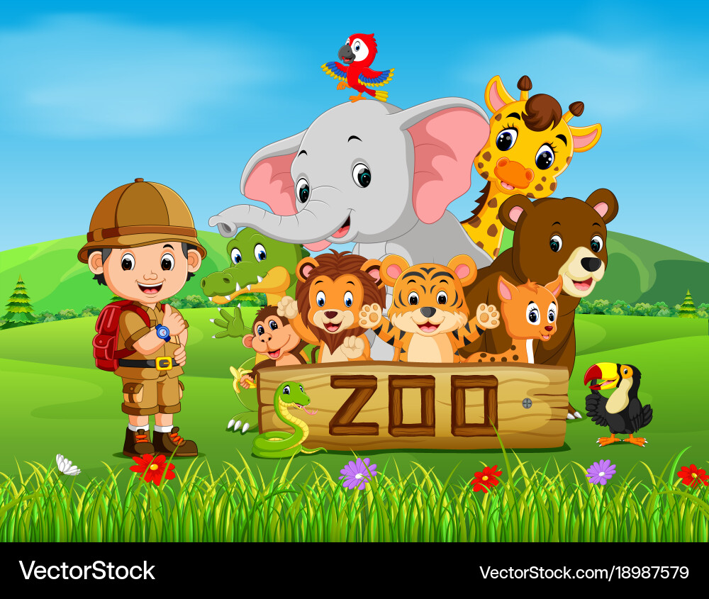 Collection of zoo animals with guide Royalty Free Vector