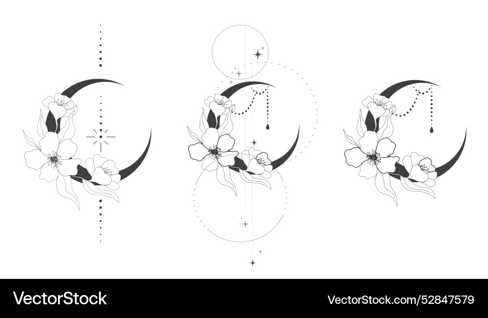 Elegant thin line moon flower contour tattoo Vector Image