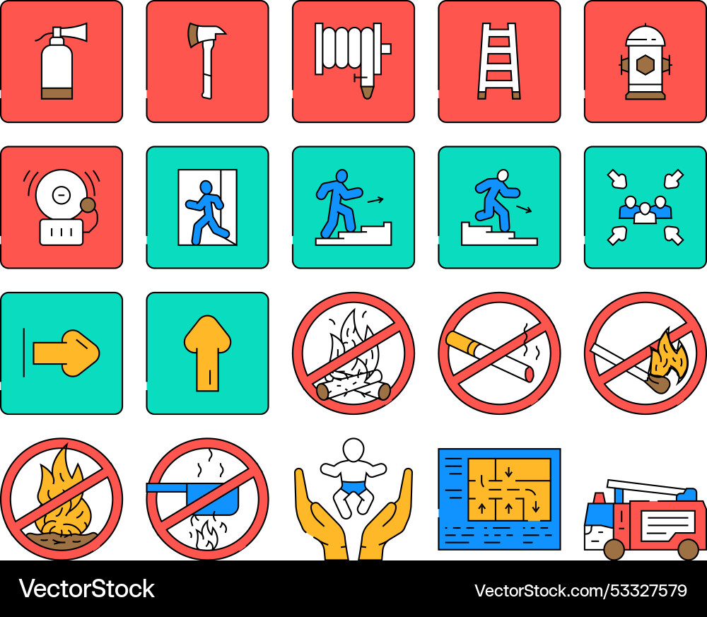 Emergency fire exit safety escape icons set Vector Image