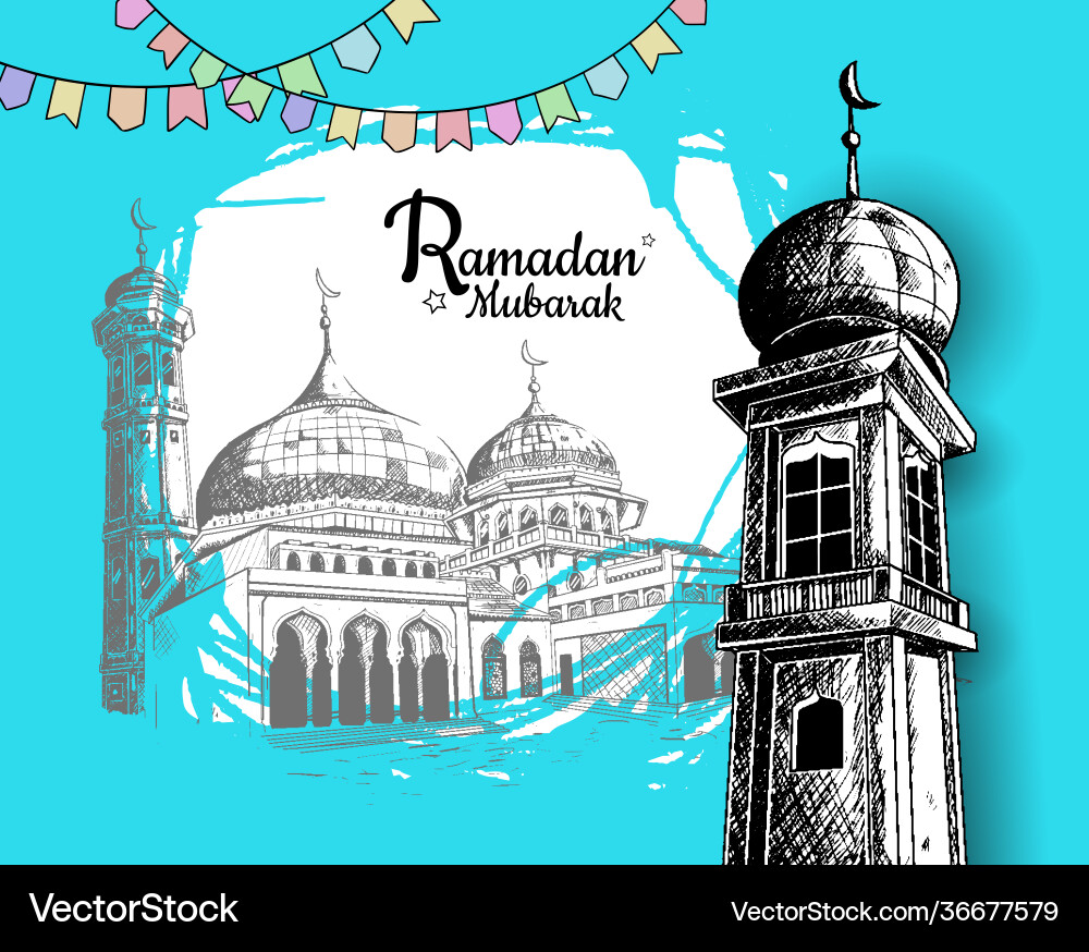 Ramadan mubarak mosque tower and ribbon Royalty Free Vector