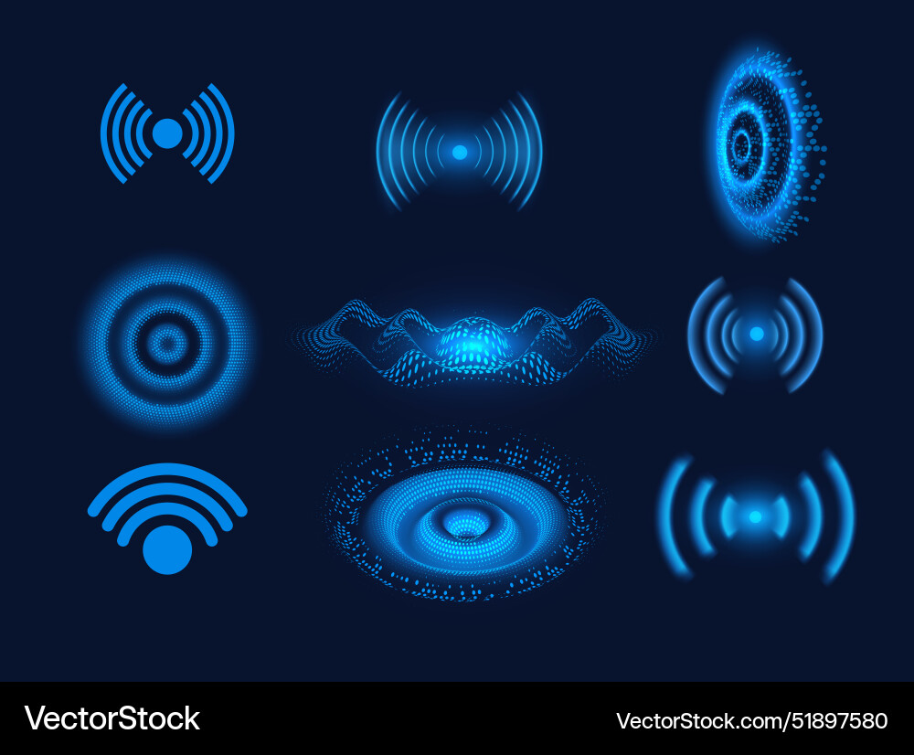 Blue wireless communication waves in set Vector Image