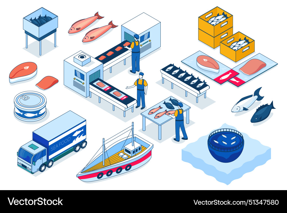 Fish processing 3d isometric mega set collection Vector Image