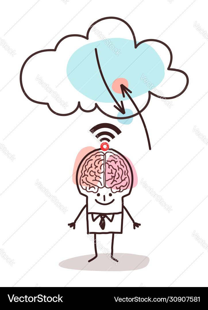 Cartoon big brain man and cloud connexion Vector Image