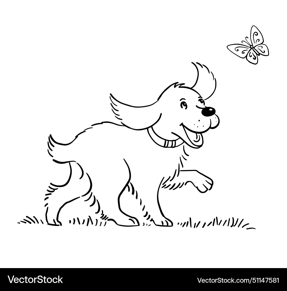 Cheerful dog playing with a butterfly Royalty Free Vector