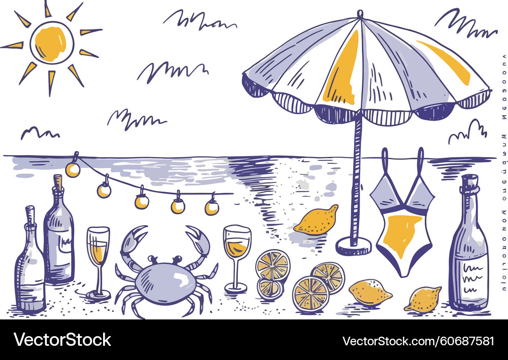 Sunny Beach Day with Crab & Lemon – Royalty-Free Vector | VectorStock