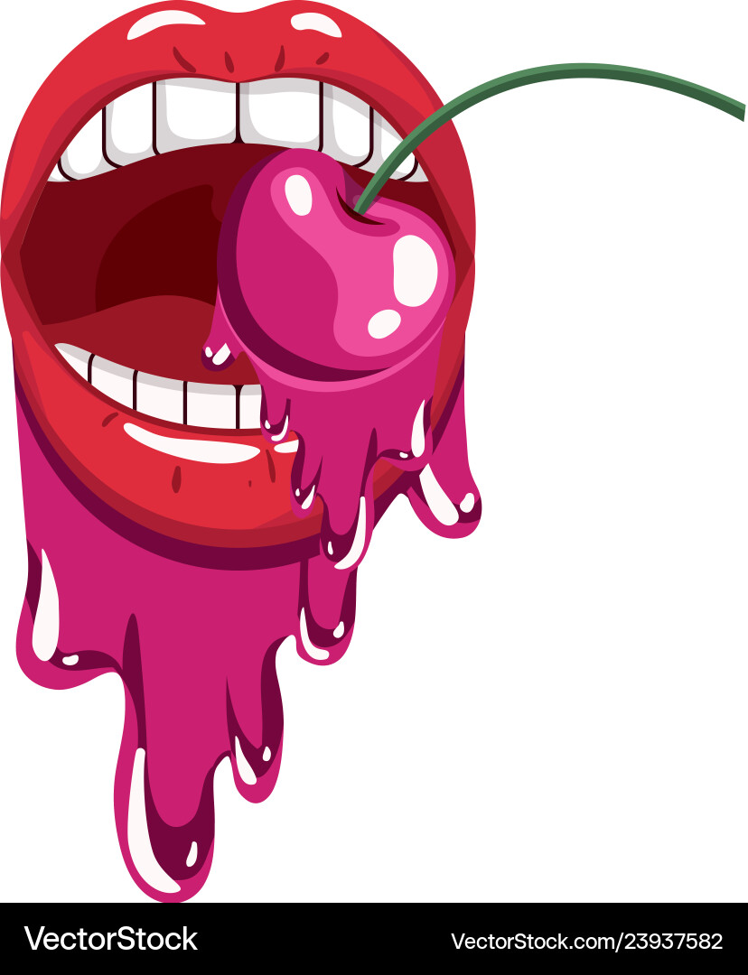 Female mouth dripping with cherry fruit Royalty Free Vector