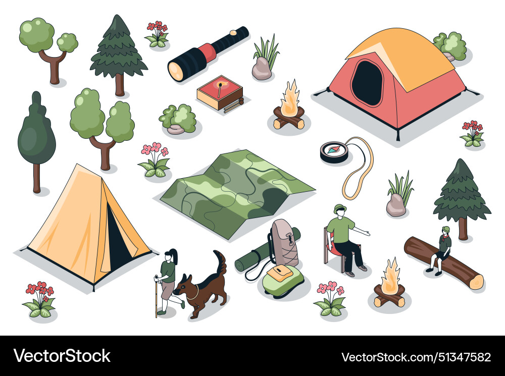 Hiking 3d isometric mega set collection flat Vector Image