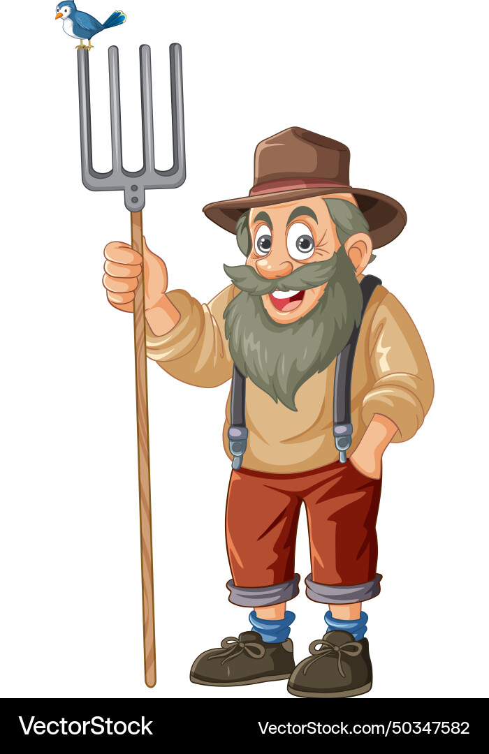 Smiling cartoon farmer holding a pitchfork Vector Image
