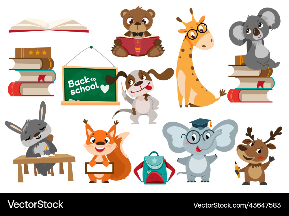 Cartoon school cute animals studying and reading Vector Image
