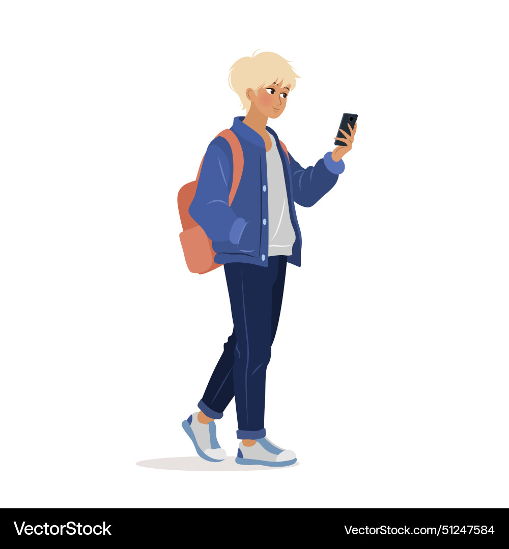 Student standing and using his smartphone Vector Image