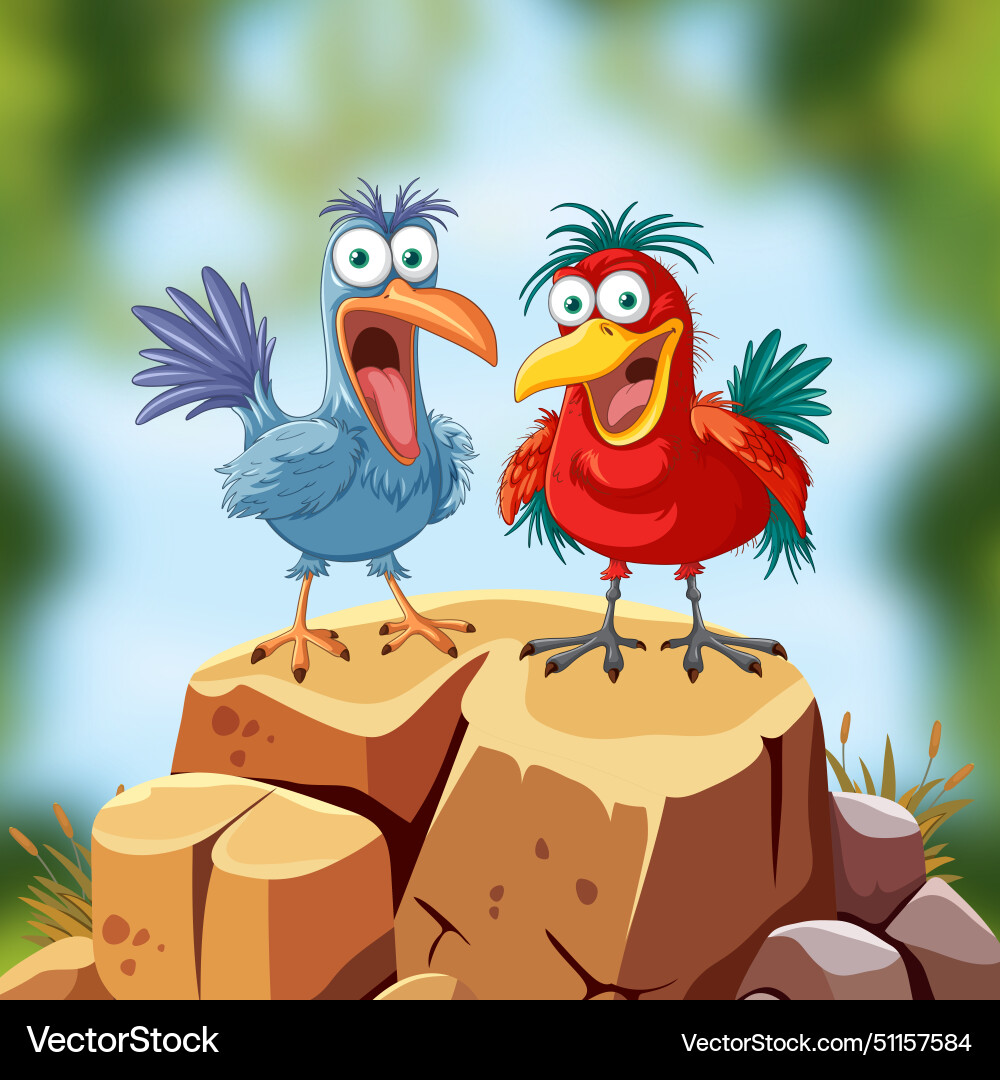 Two vibrant animated birds chatting on a stump Vector Image