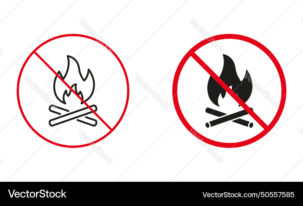 Camp fire not allowed camping warning sign set Vector Image