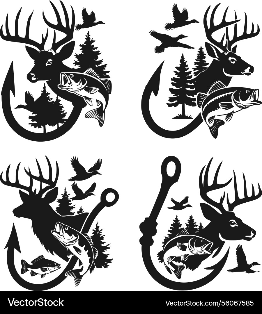 Deer fish tree scene on fishing hook Royalty Free Vector