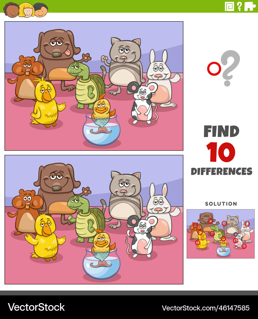 Differences game with cartoon pets animal Vector Image