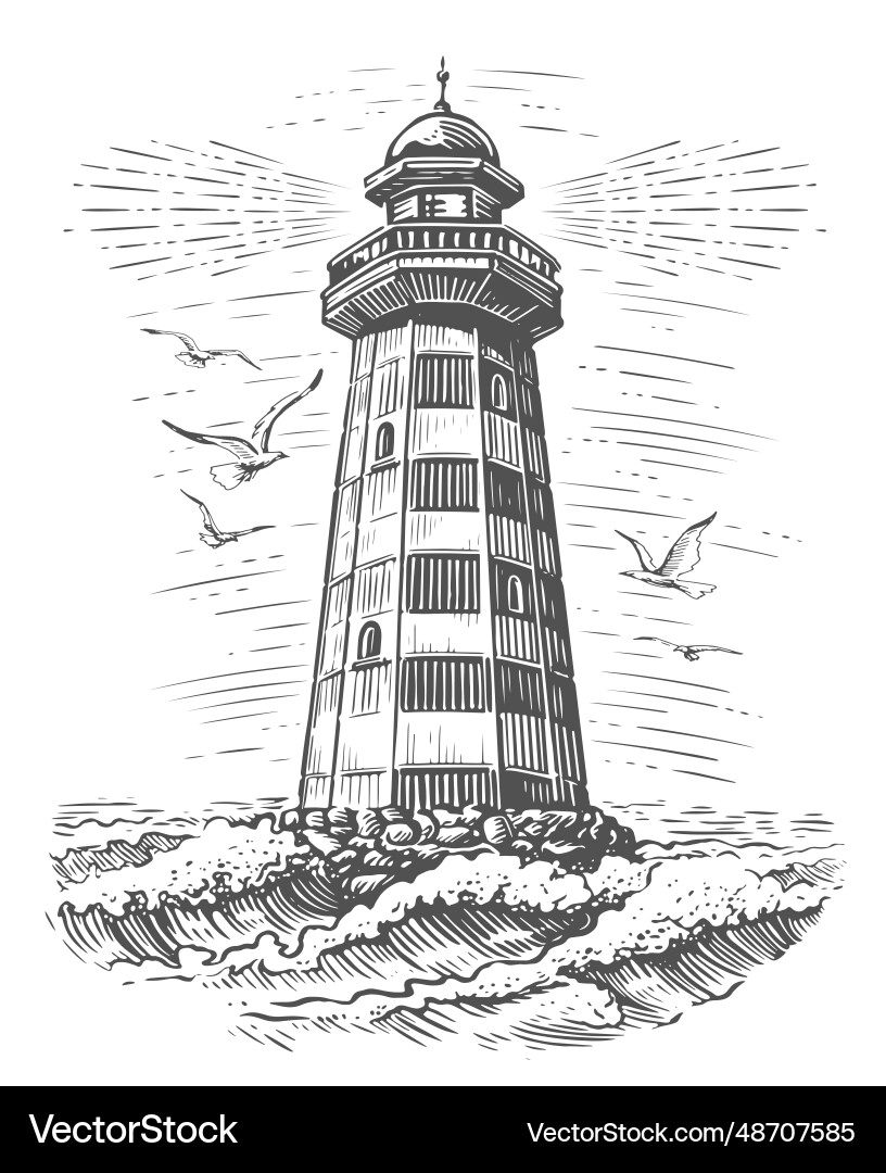 Vintage Lighthouse Seascape Engraving Royalty Free Vector