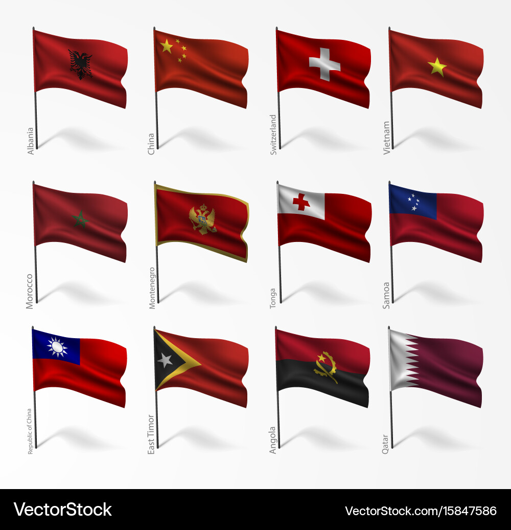 Collection of flags world on flagpole Royalty Free Vector