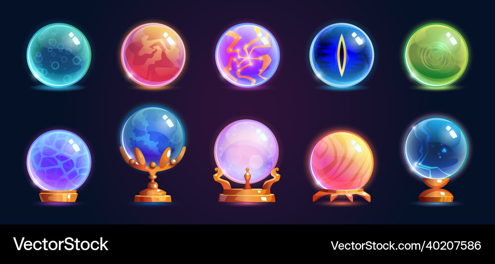 Magic crystal balls on stands isolated icons set Vector Image