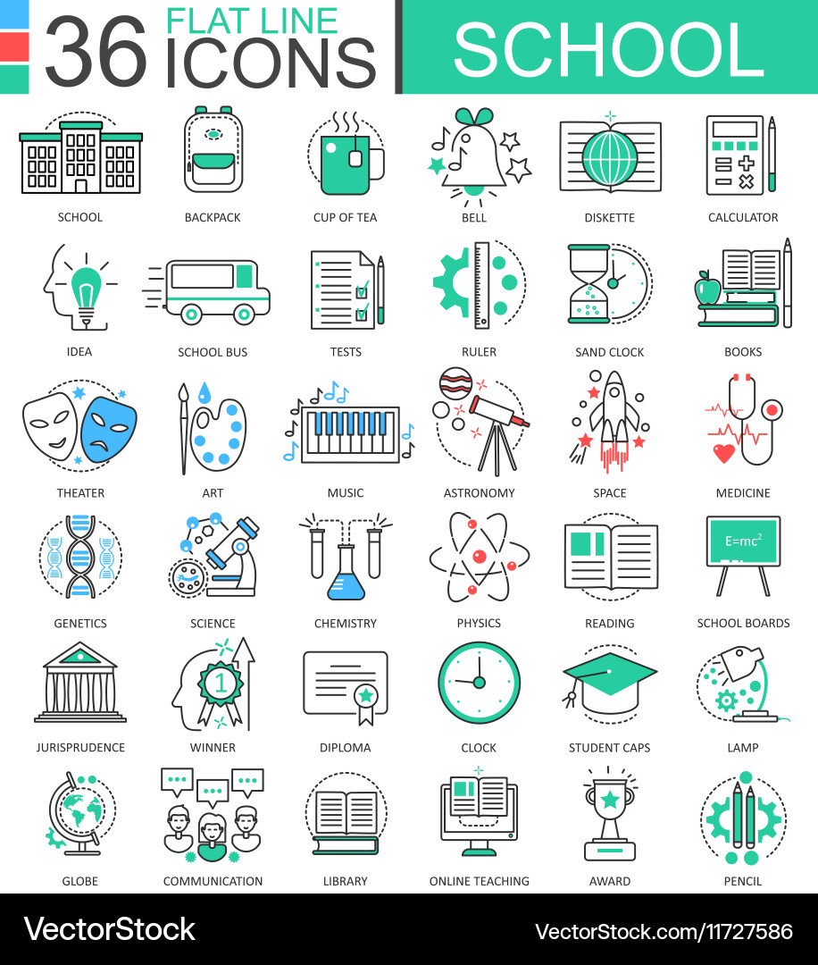 School color flat line outline icons Royalty Free Vector