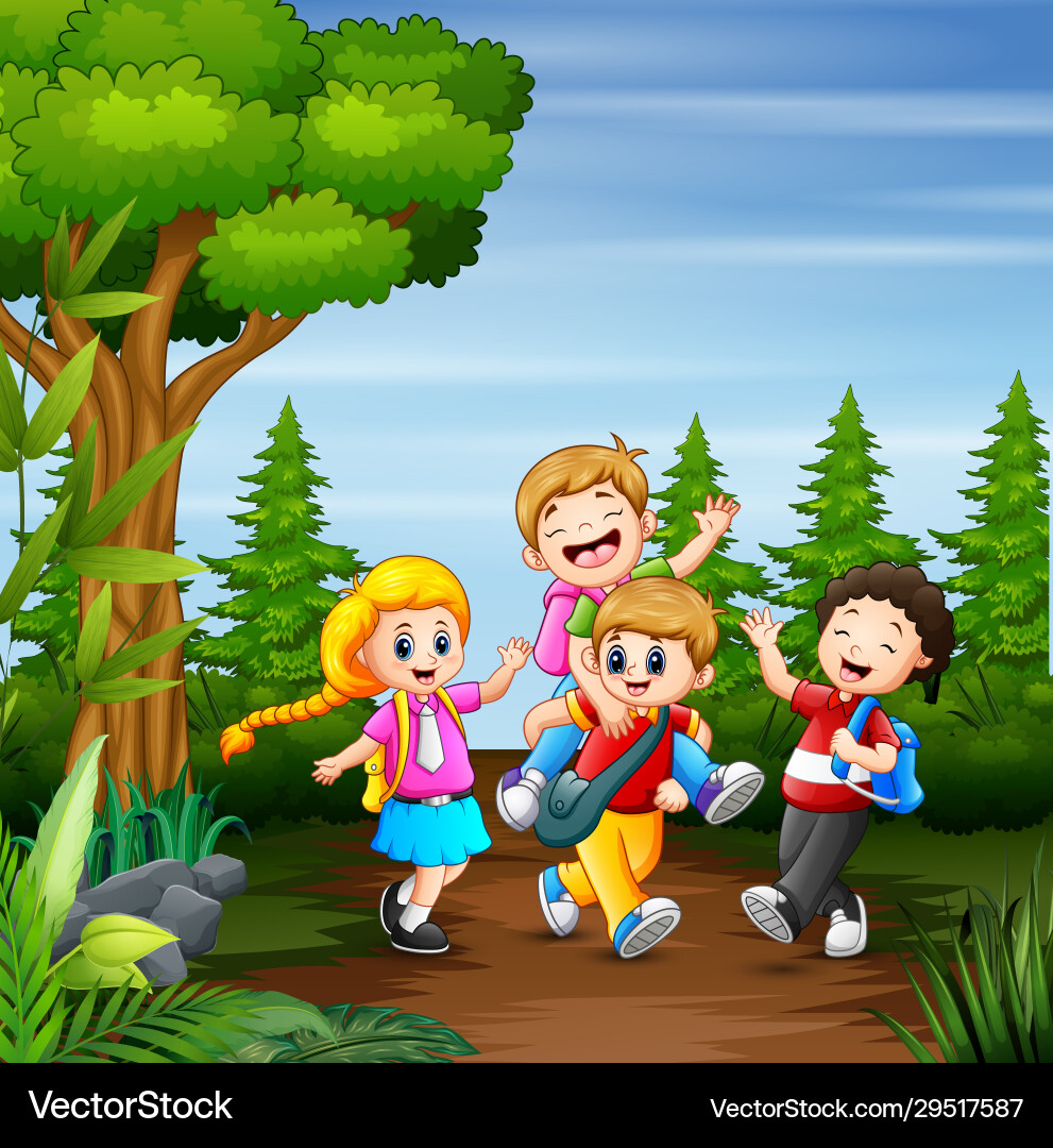 Cartoon children going to school together Vector Image