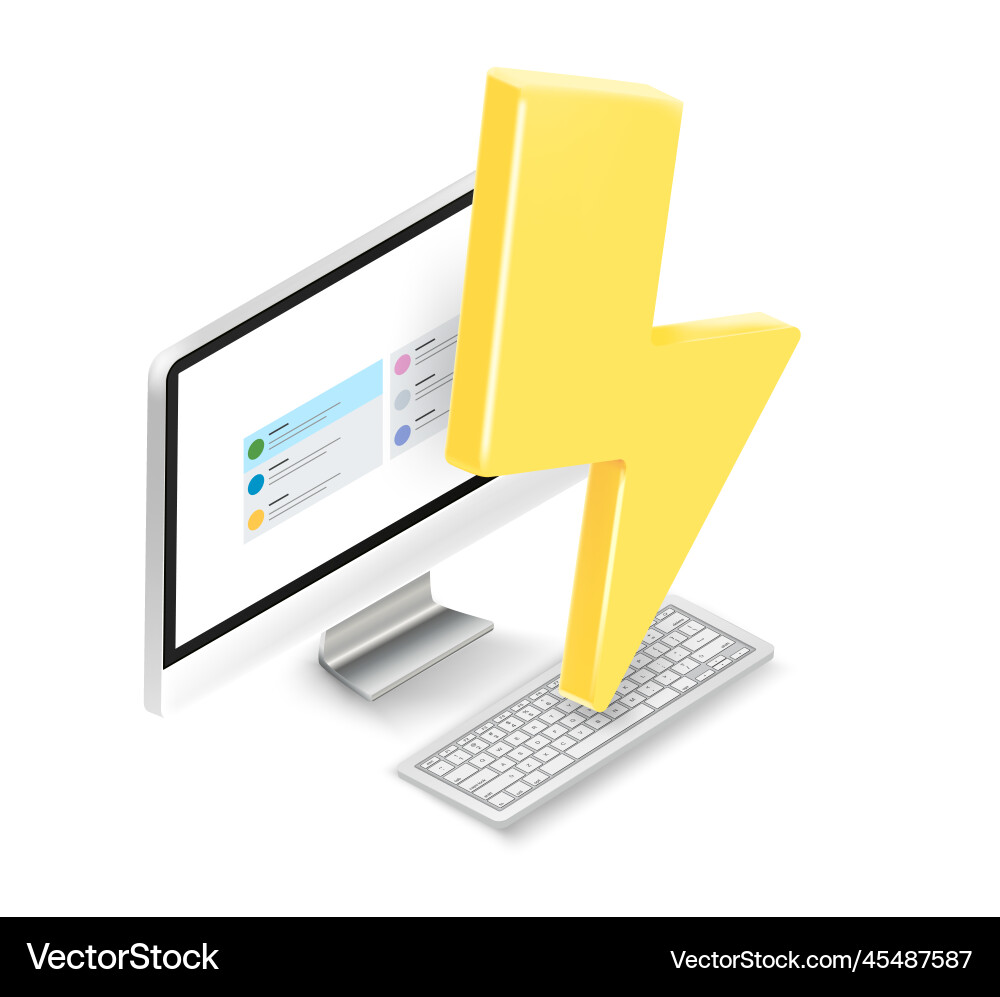 Computer and thunderbolt isometric with pc Vector Image