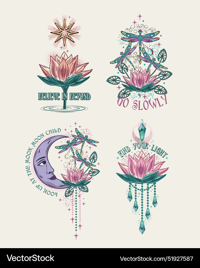 Mysterious labels with dragonfly lotus text Vector Image