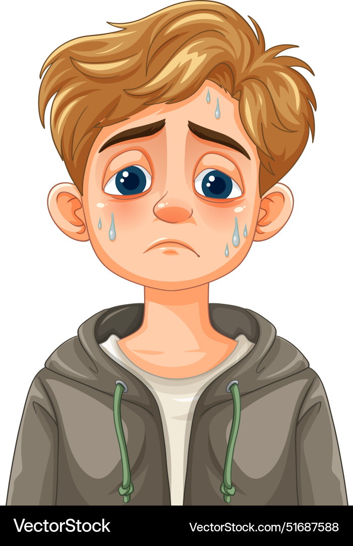 A boy looking sad and sweating Royalty Free Vector Image