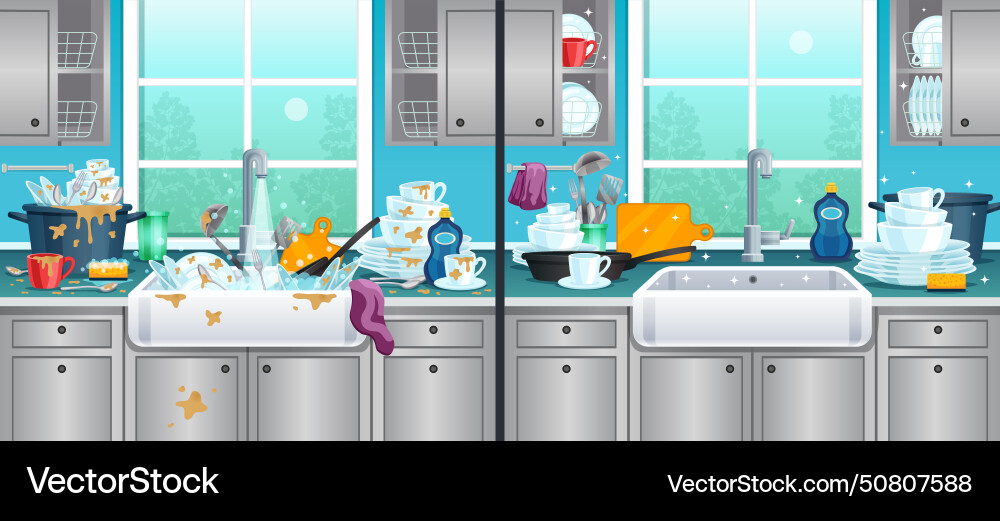 Dirty and clean kitchen background with washing Vector Image
