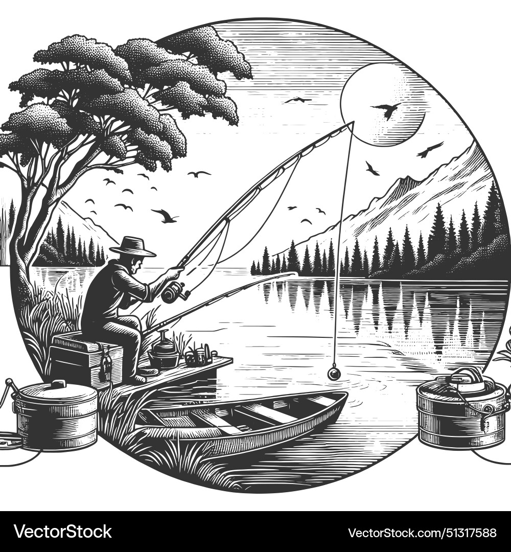 Man fishing at lakeside in tranquil setting Vector Image