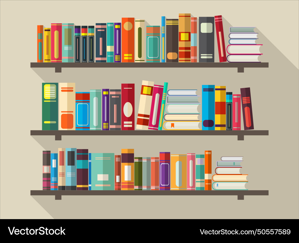 Books on bookshelves in flat design style Vector Image