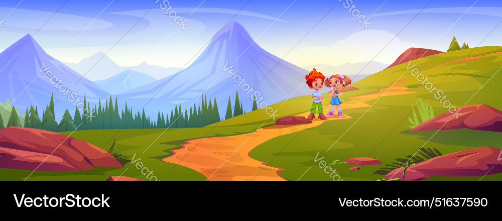 Children hiking in mountains Royalty Free Vector Image