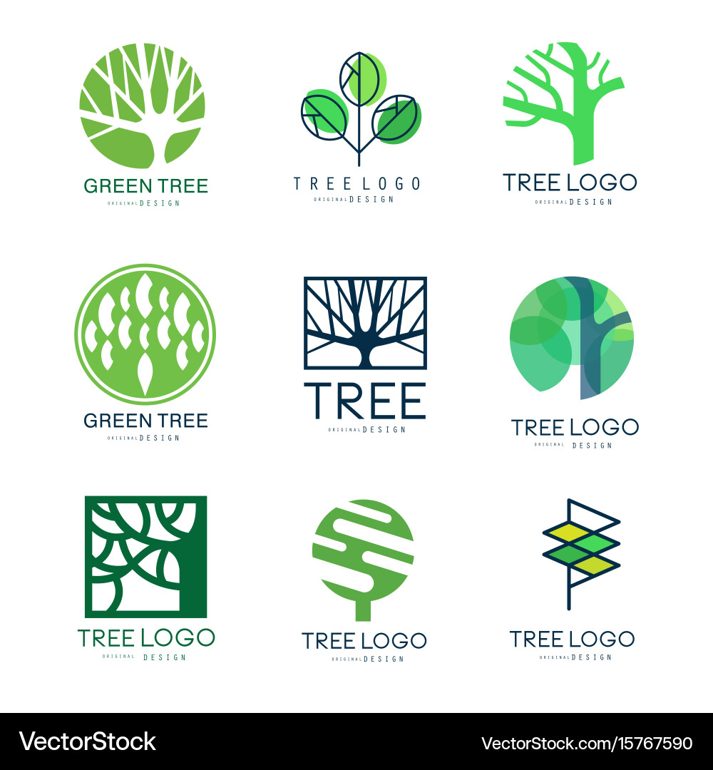 Green tree logo original design set Royalty Free Vector