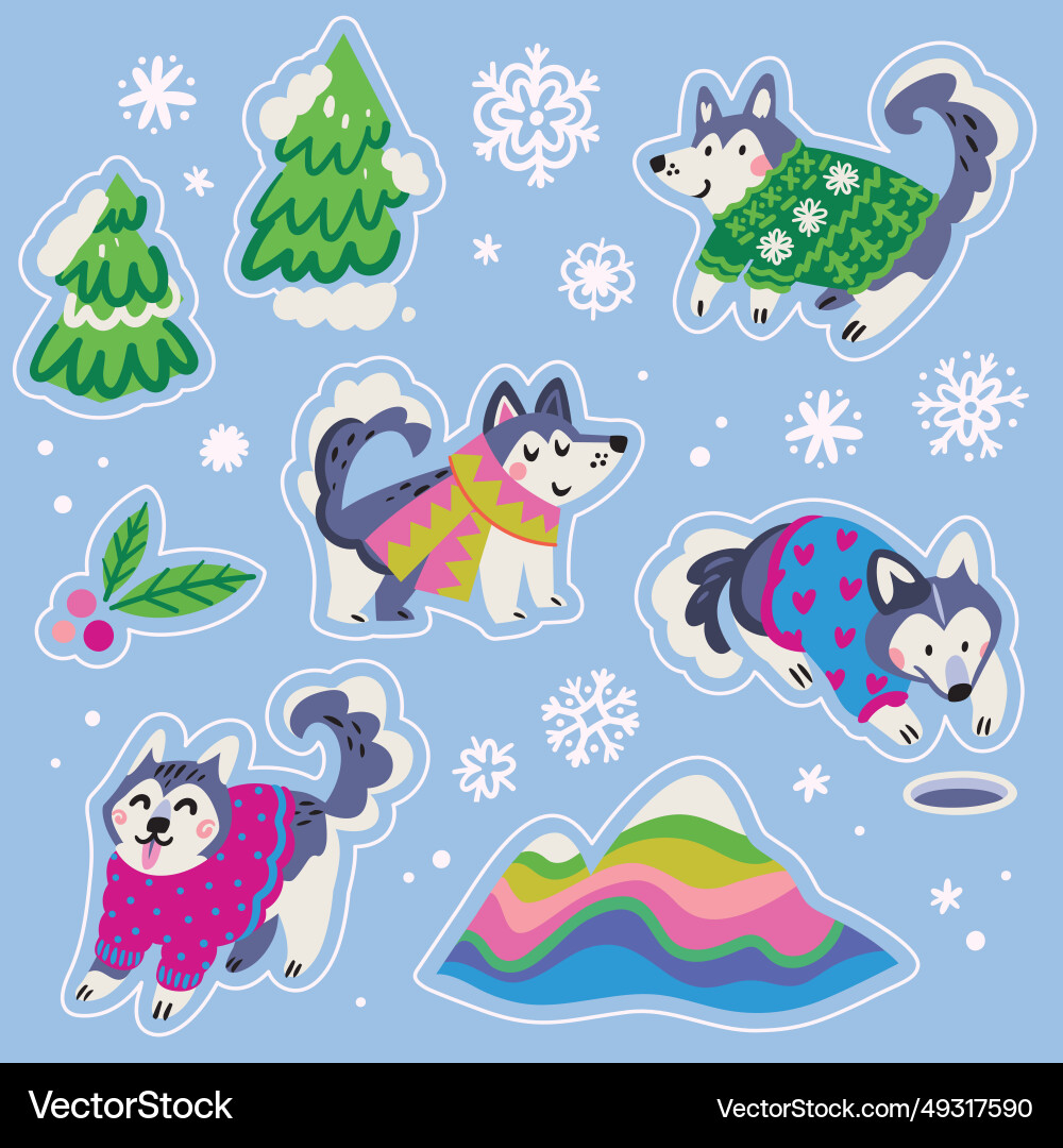 Winter cozy huskies stickers pack Royalty Free Vector Image