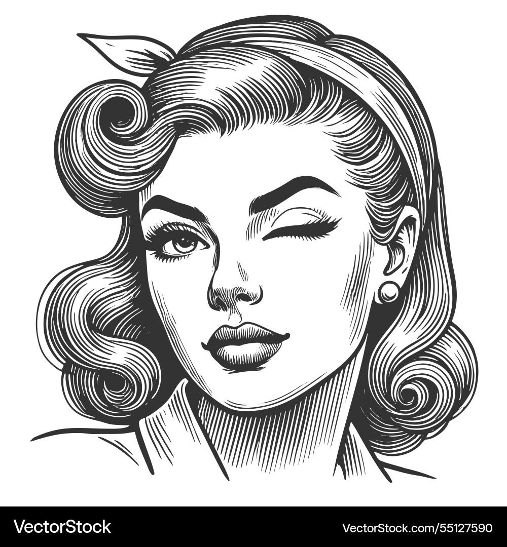 Woman winking engraving sketch Royalty Free Vector Image