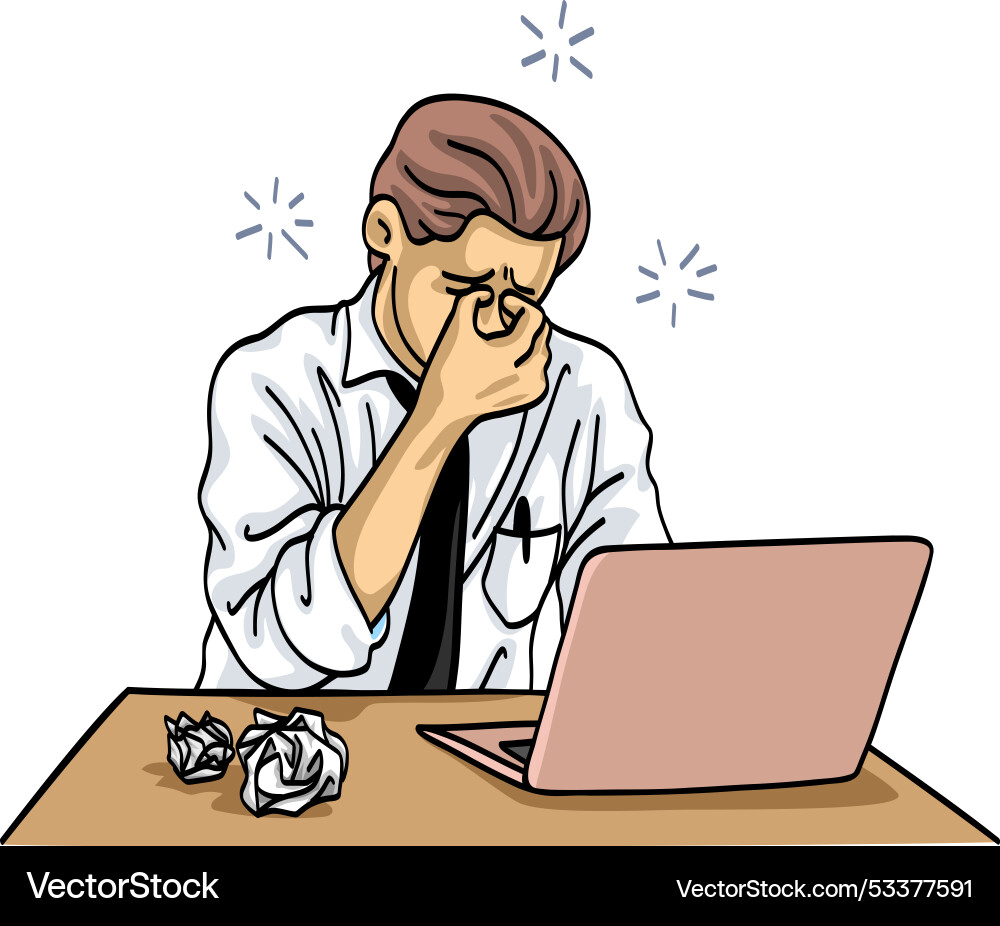 Dizzy worker employee working on laptop Royalty Free Vector