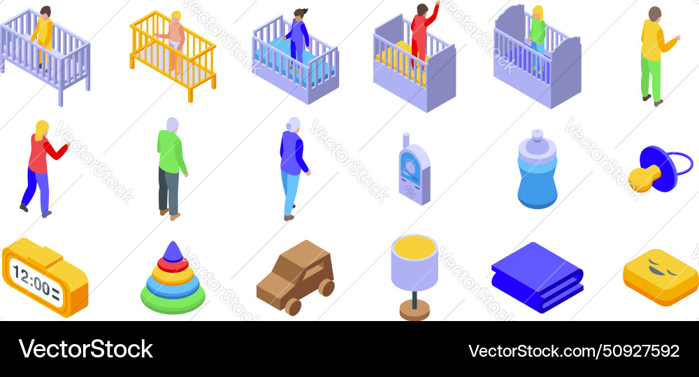 Baby standing crib icons set isometric Royalty Free Vector