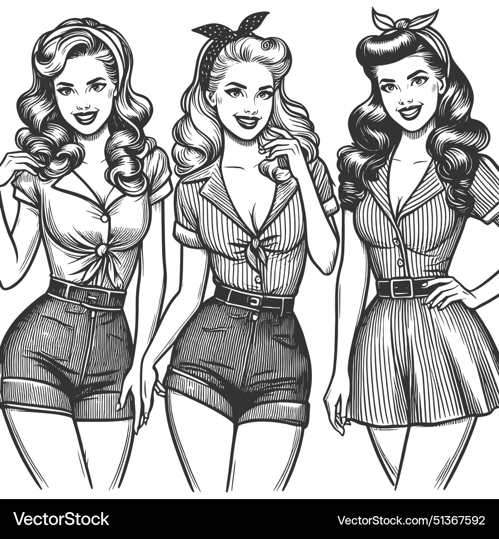 Retro pin-up girls posing together sketch Vector Image